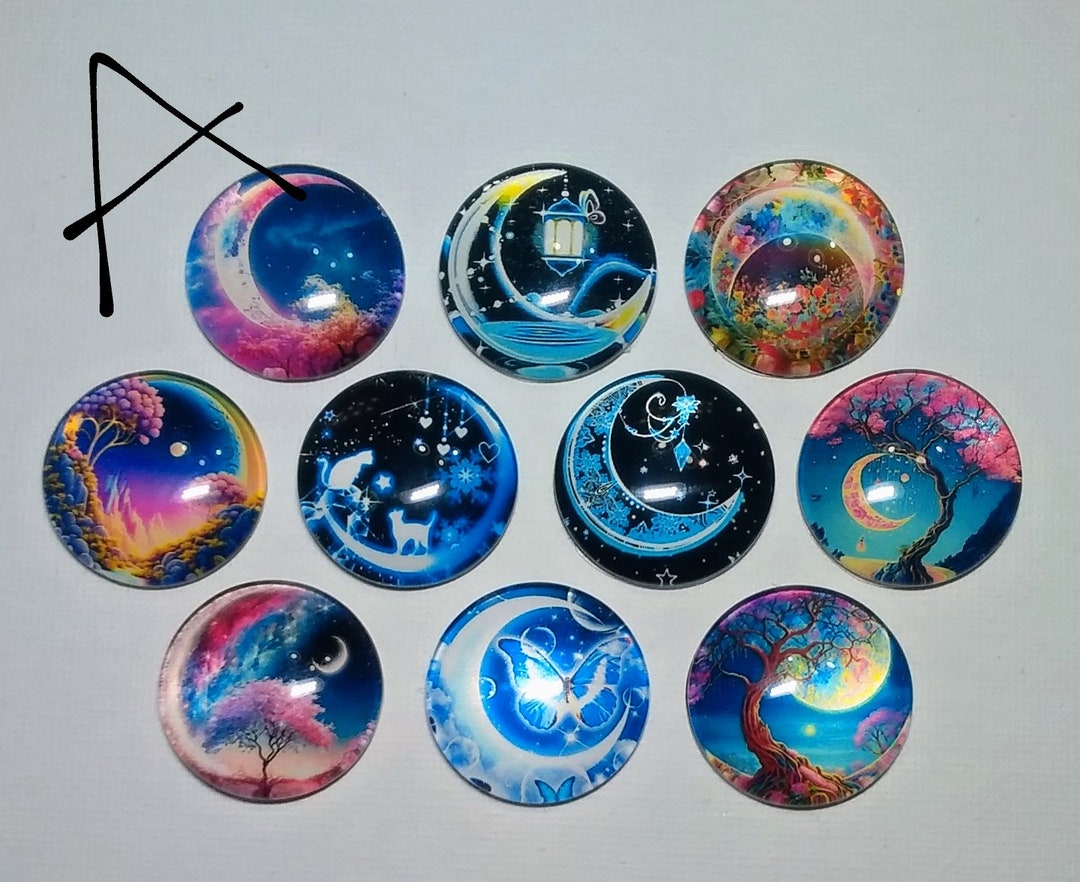 WISHING MOONS MAGNET Set of Ten 1 Round Glass Dome choose Set A or B ...