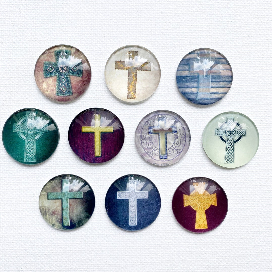 CROSS RELIGIOUS MAGNETS Set of 10 One Inch Round Glass Dome Spiritual ...