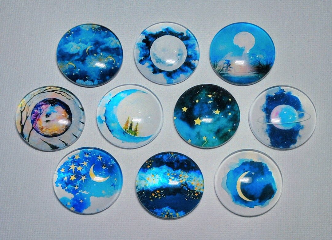 CELESTIAL MOON MAGNET Set of 10 One Inch Round Glass Dome Moon Stars ...