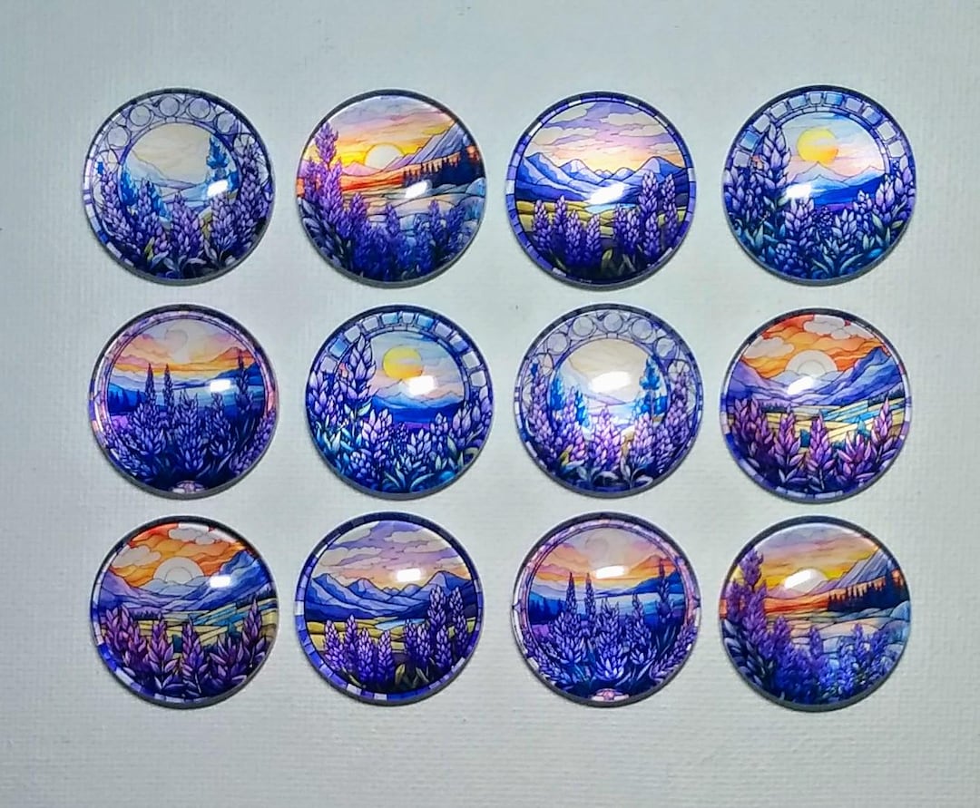 LAVENDER FLOWERS SCENERY Magnet Set of Twelve One Inch Round Glass Dome ...