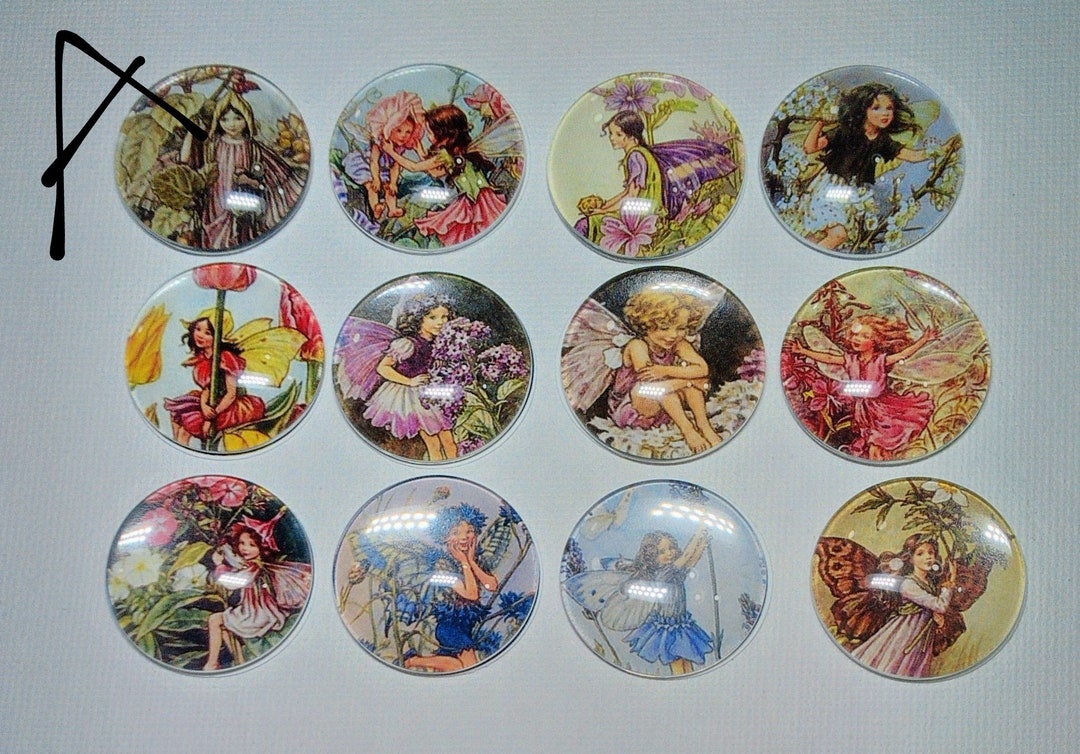 FLOWER FAIRIES MAGNETS Set of 12 One Inch Round Glass Dome *choose Set ...