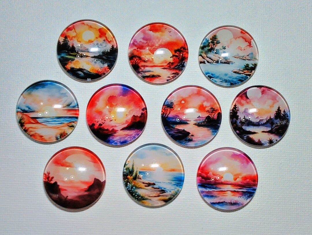 SUNSET MOON LANDSCAPE Magnets Set of 10 One Inch Round Glass Dome Water ...