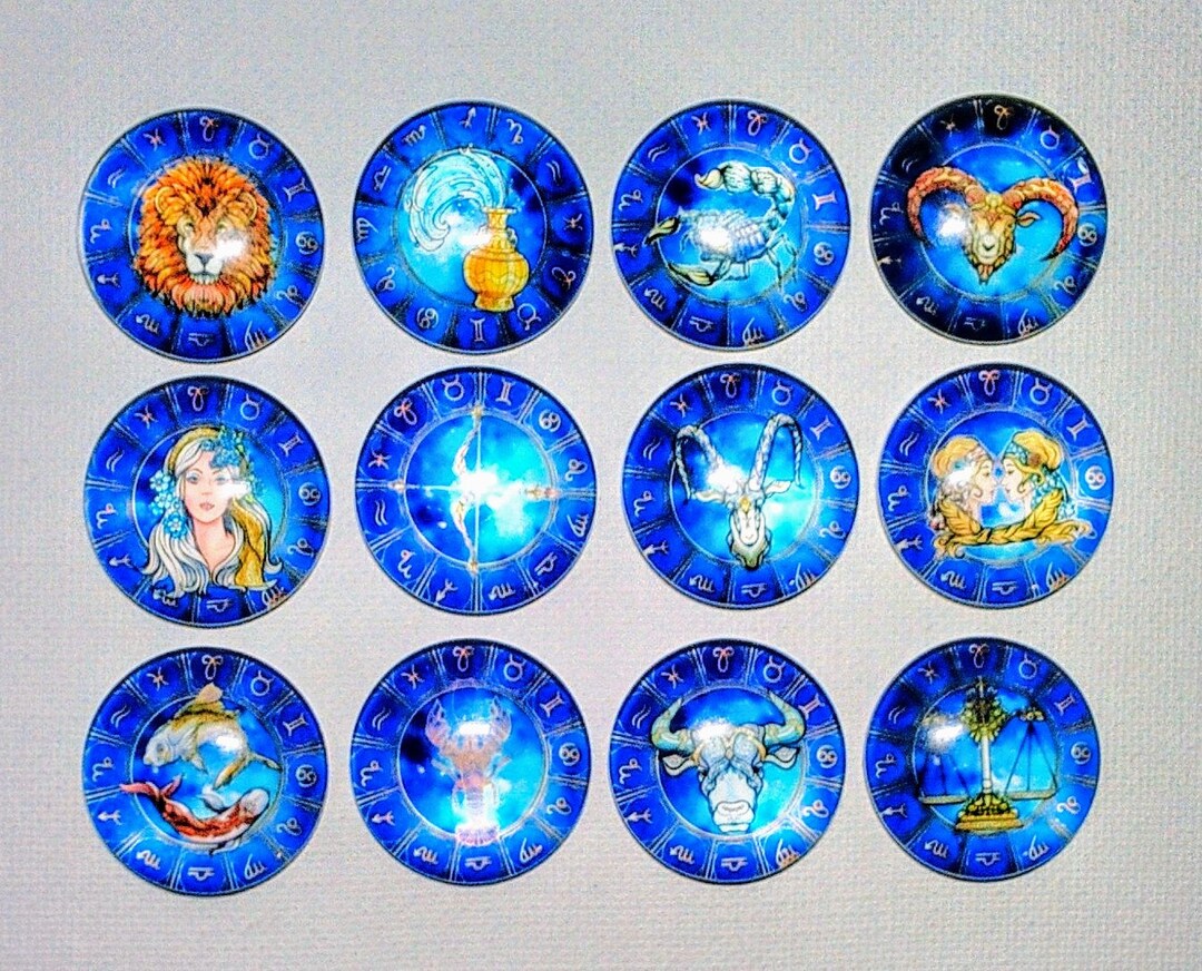 ZODIAC CONSTELLATIONS CELESTIAL Magnet Set of 12 One Inch Round Glass ...
