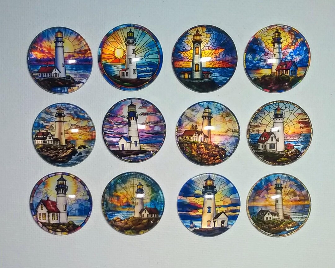 USA LIGHTHOUSES MAGNET Set of 12 One Inch Round Glass Dome Gift Her Him ...