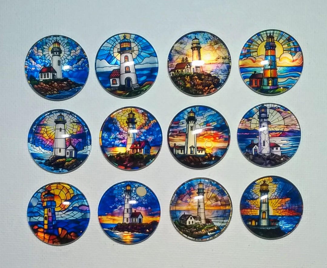 USA LIGHTHOUSES MAGNET Set of 12 One Inch Round Glass Dome Gift Her Him ...