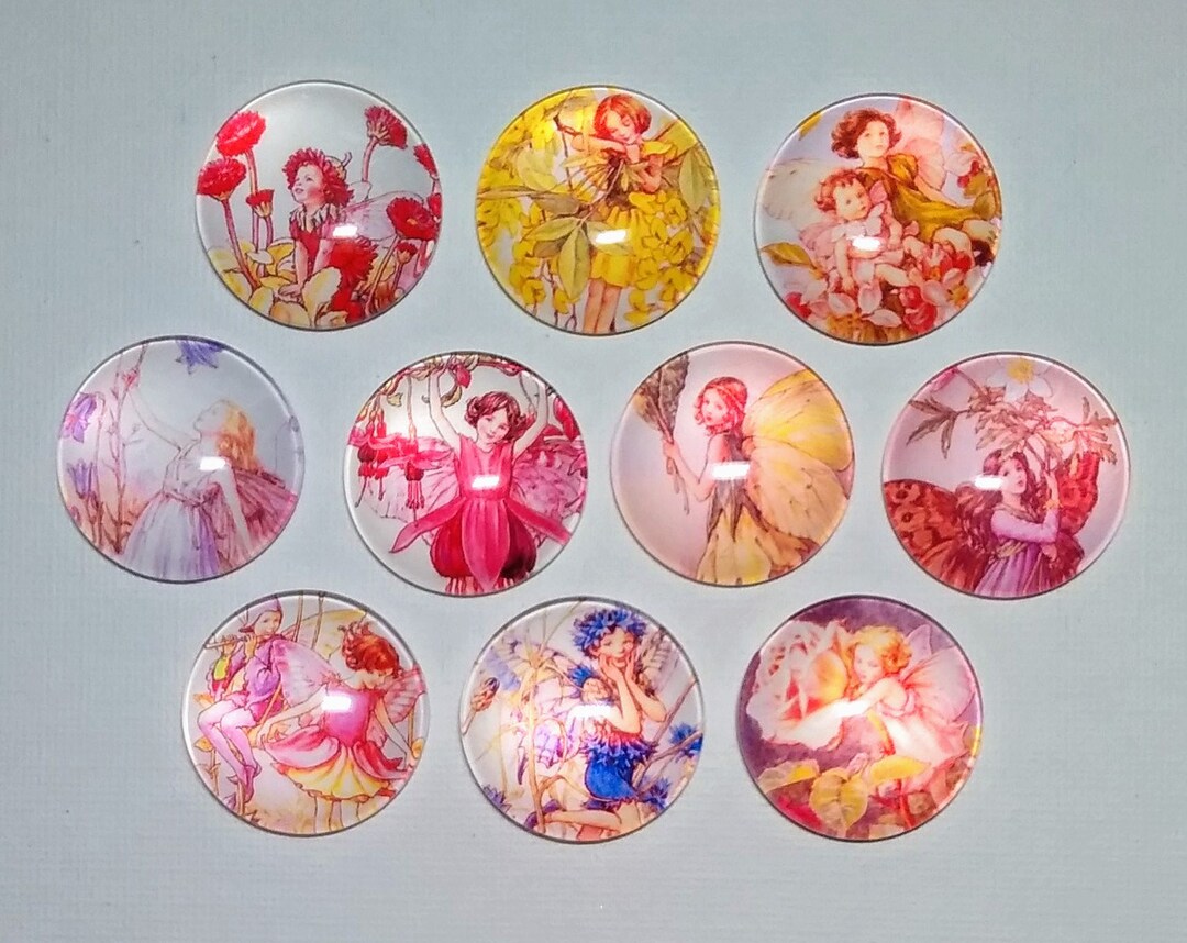 FLOWER FAIRIES MAGNETS of 10 One Inch Round Glass Dome Birthday Mom ...
