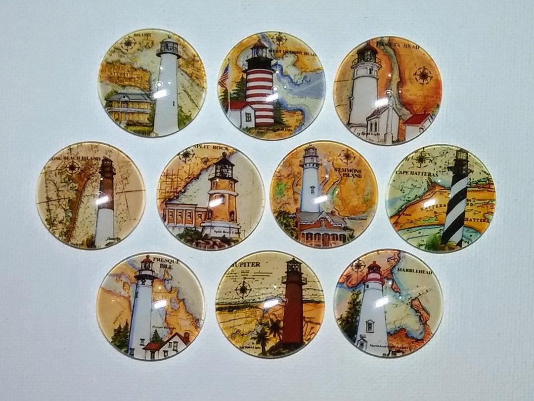 USA LIGHTHOUSES MAGNET Set of 10 One Inch Round Glass Dome Holiday Gift ...