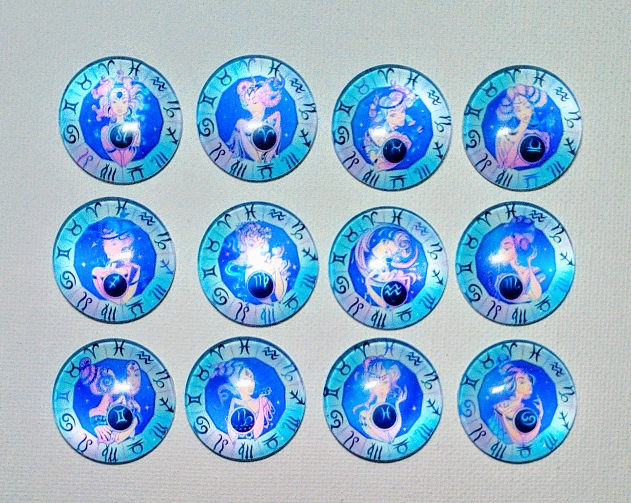 ZODIAC CONSTELLATIONS CELESTIAL Magnet Set of 12 One Inch Round Glass ...