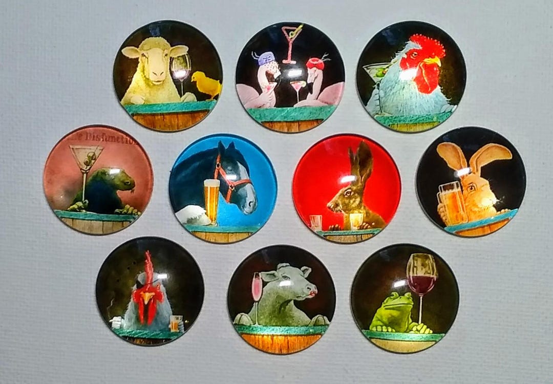 DRINKING ANIMALS CHEERS! Magnet Set of 10 One Inch Round Glass Dome ...