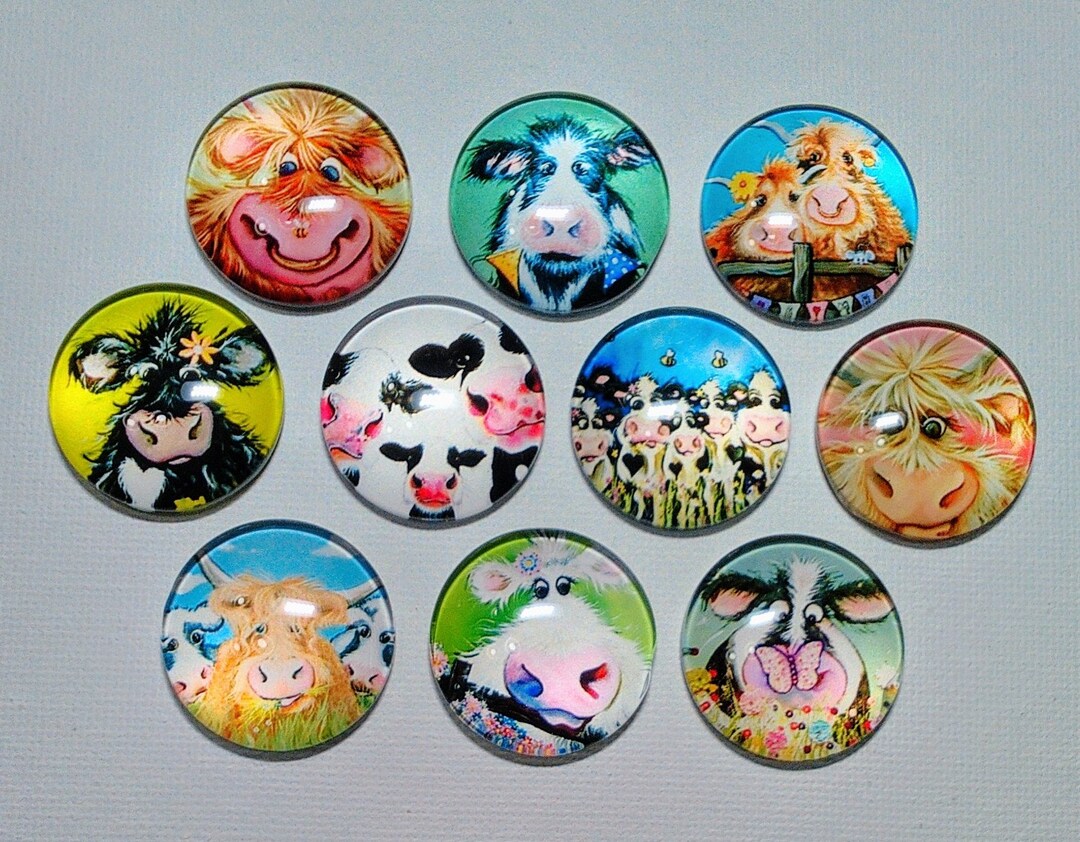 FUNNY GOOFY COWS Magnet Set of 10 One Inch Round Glass Dome Cow Farm ...
