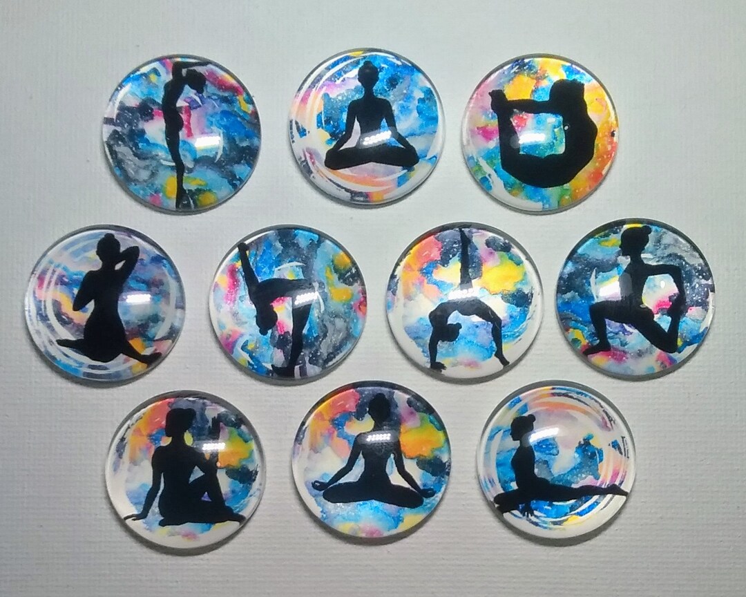 YOGA POSITIONS Magnet Set of 10 Round 1 Inch Glass Dome Zen Artwork ...