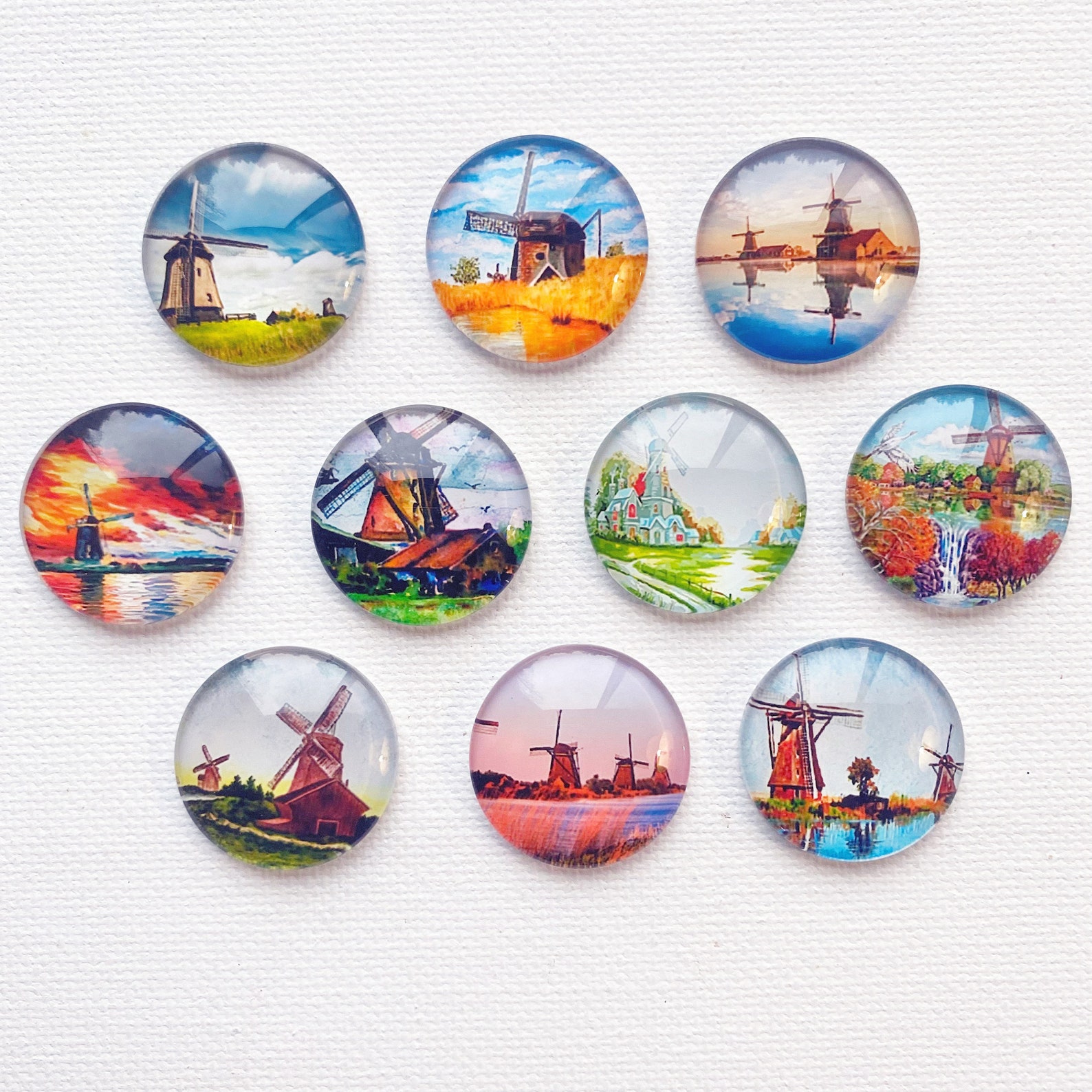 WINDMILL MAGNET SET of 10 One Inch Round Glass Dome Windmill Paintings ...