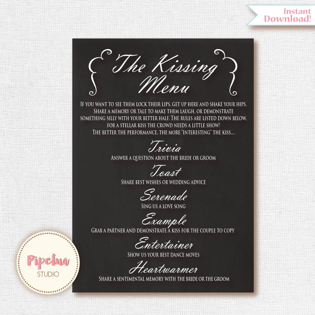 Kissing Menu Printable, Wedding Kissing Menu Template, Wedding ...