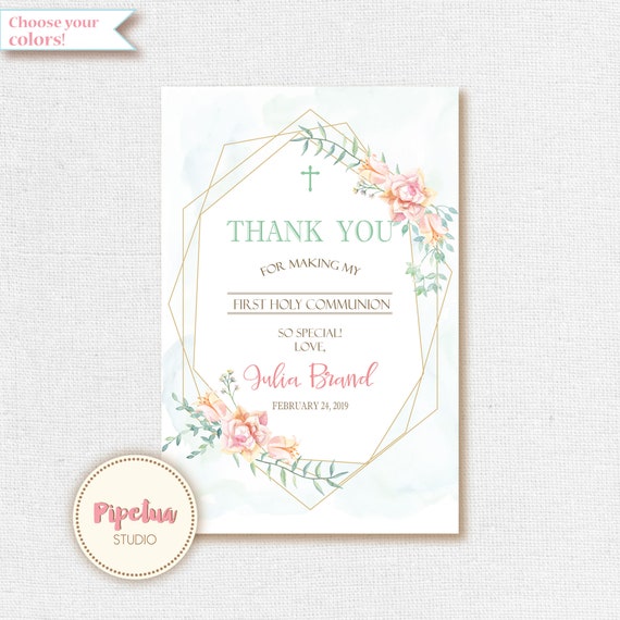 First Communion Thank you card. First Holy Communion. Floral | Etsy