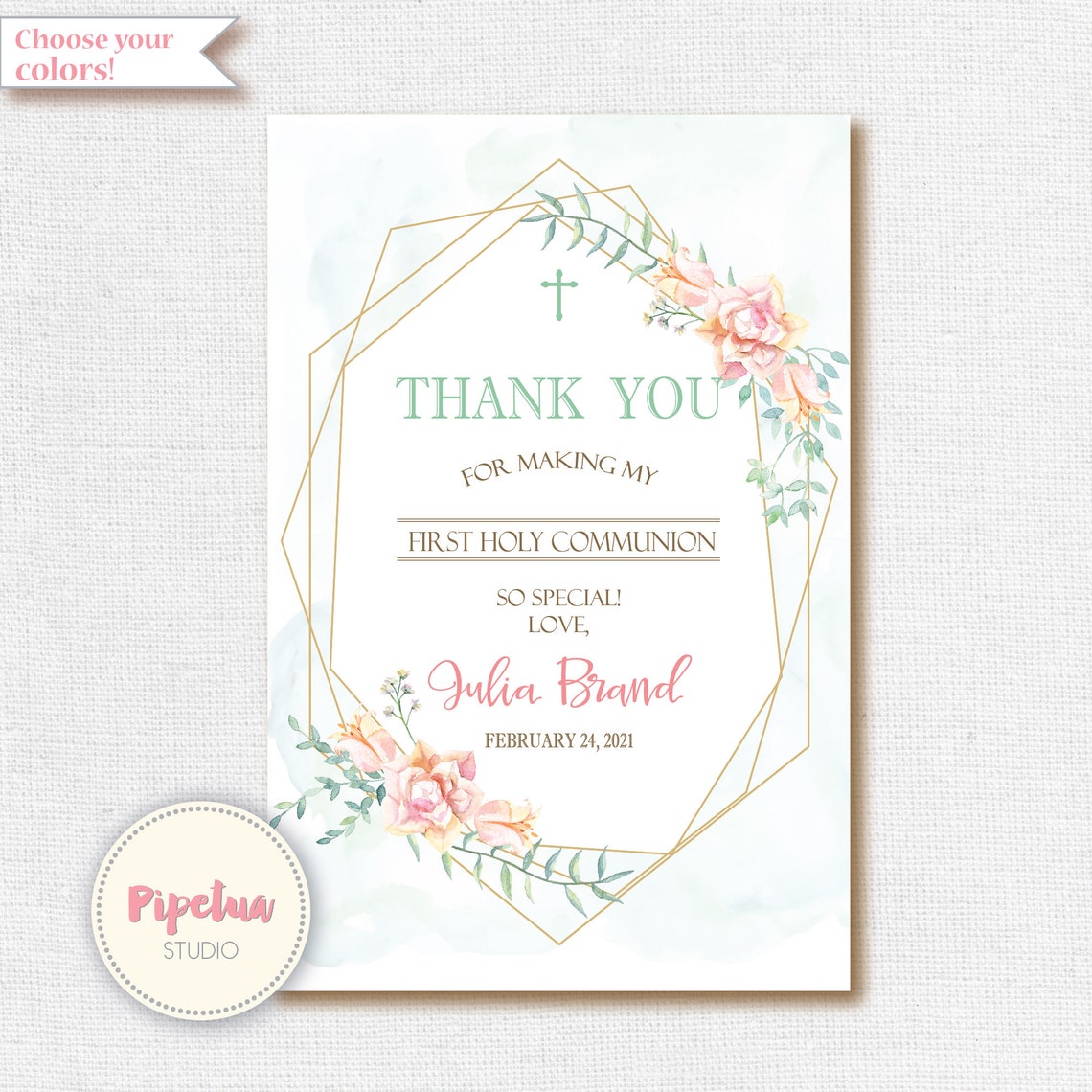 First Communion Thank You Card. First Holy Communion. Floral Communion ...