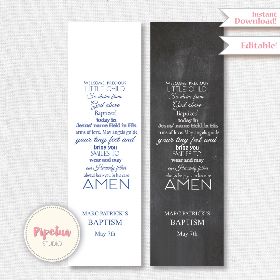 Baptism Favor. Baptism Bookmark. Printable Bookmark. Editable - Etsy