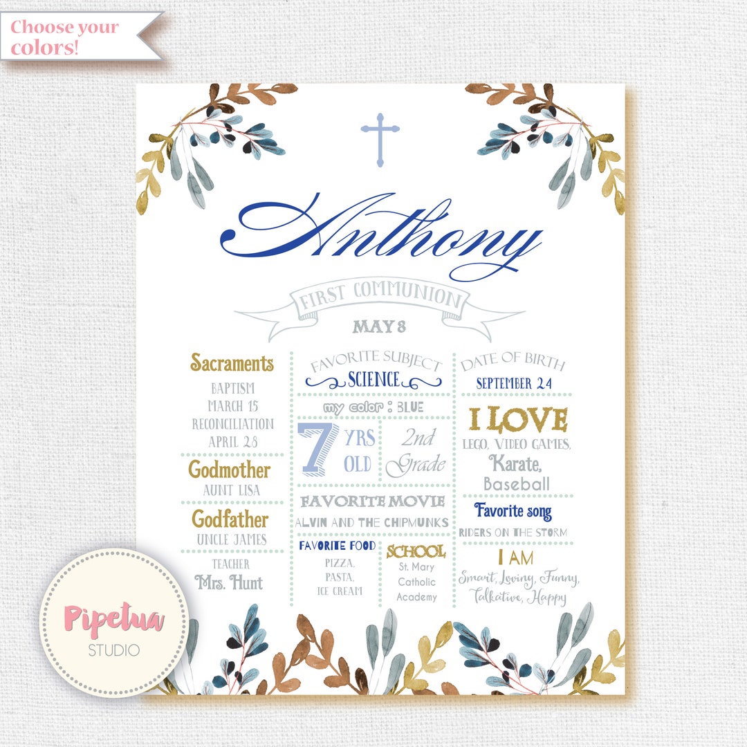 First Communion Sign. First Holy Communion Sign. Navy and Gold ...