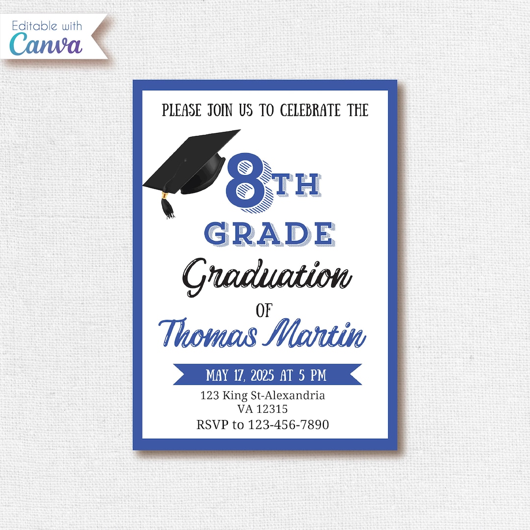 8th Grade Graduation Invite. Printable Graduation Invitation. 8th Grade ...