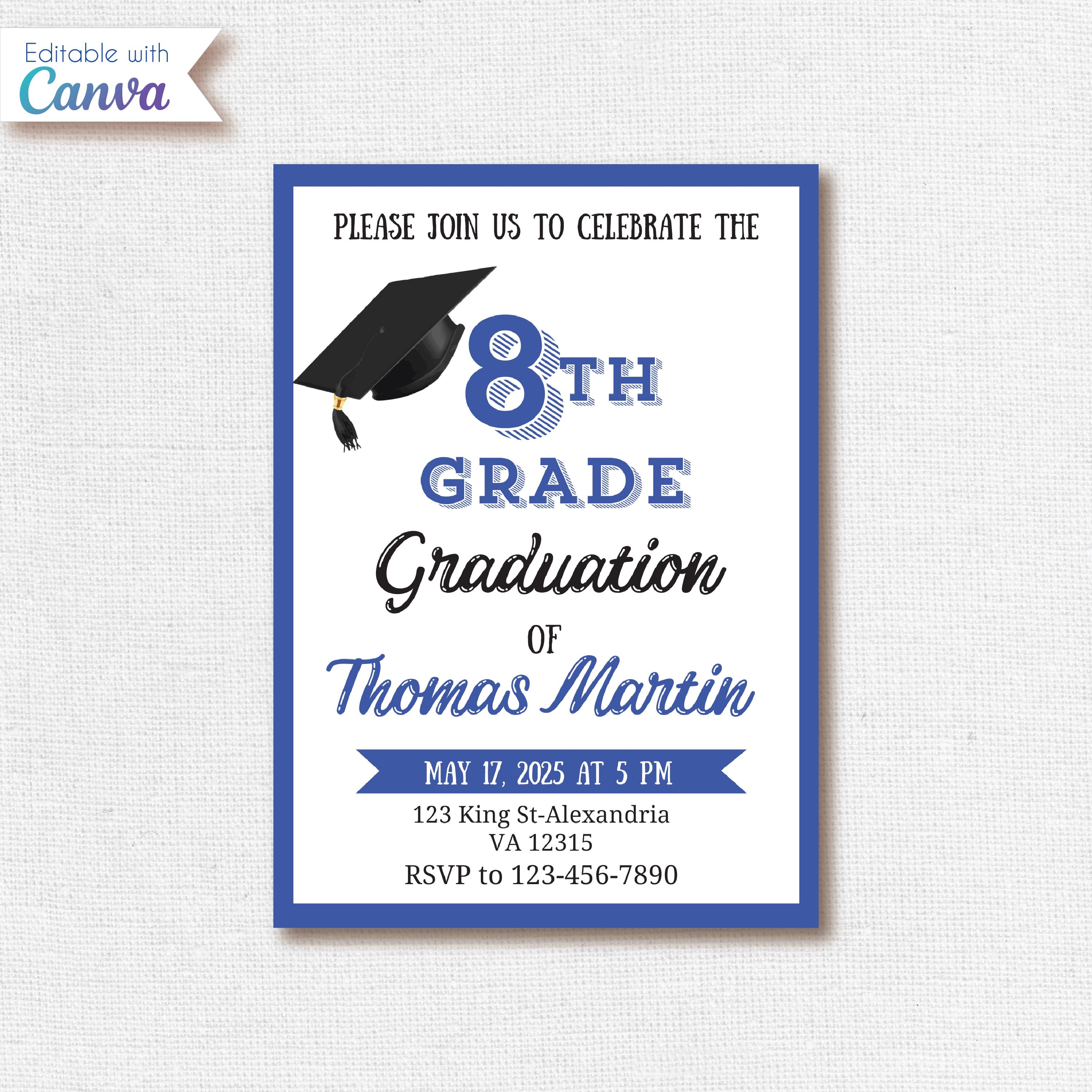 8th Grade Graduation Invite. Printable Graduation Invitation. 8th Grade ...