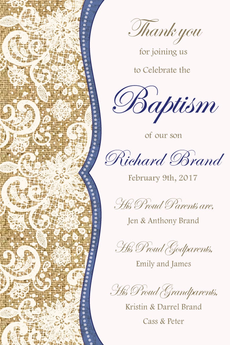 Baptism thank you card. Burlap thank you card. Burlap and lace | Etsy