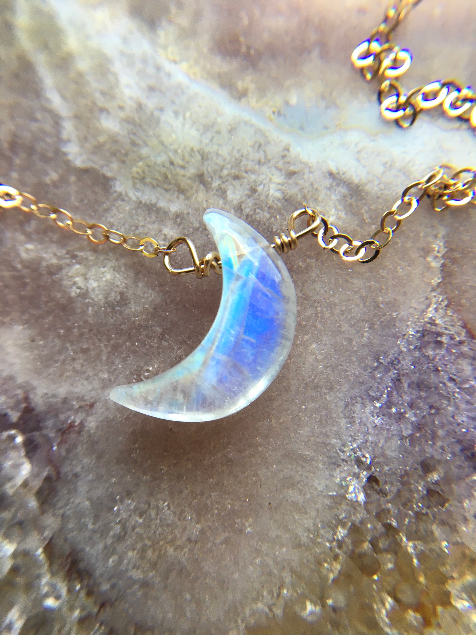 Moonstone Crescent Moon Necklace Rainbow Moonstone Jewelry | Etsy