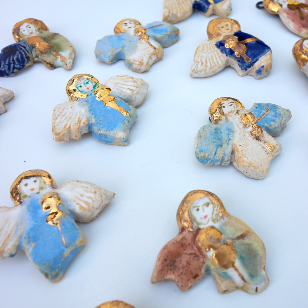 Miniature Ceramic Angel With a Gilded Halo and Violin, and a Miniature ...