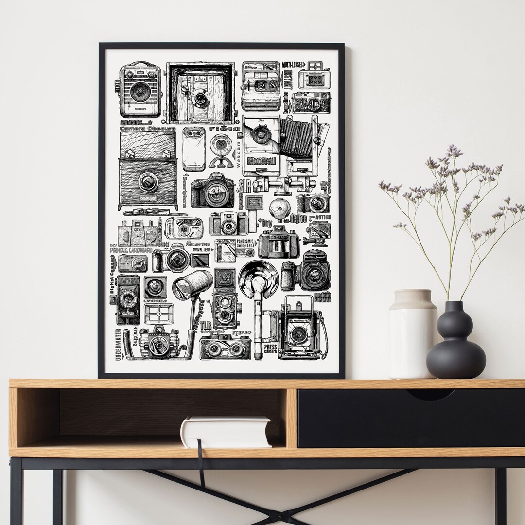 Camera Print | Types of Cameras Sketch | Vintage Camera Print | Retro ...