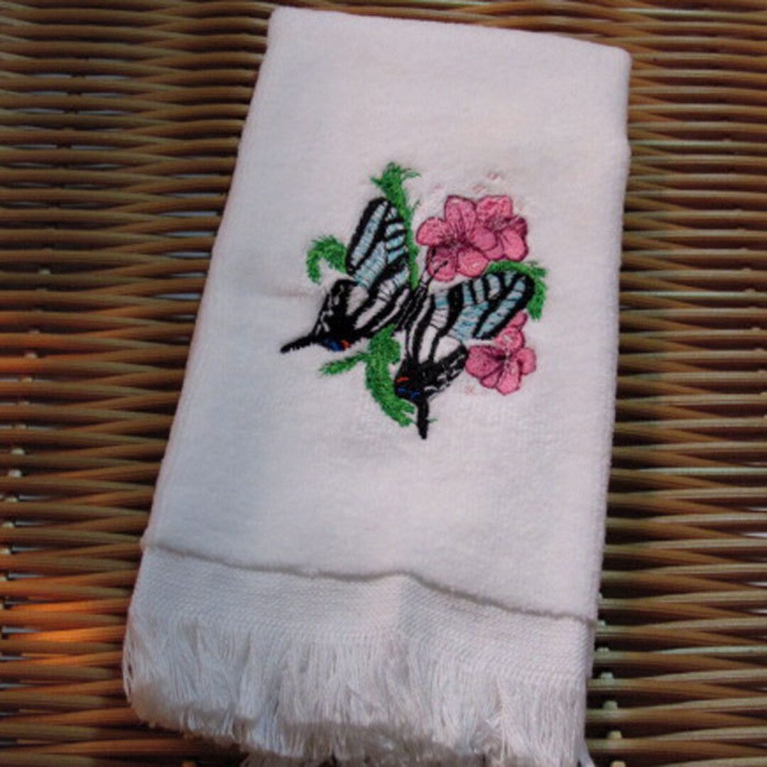 Vidalia Butterfly and Pink Flowers Embroidered White Fingertip Guest ...
