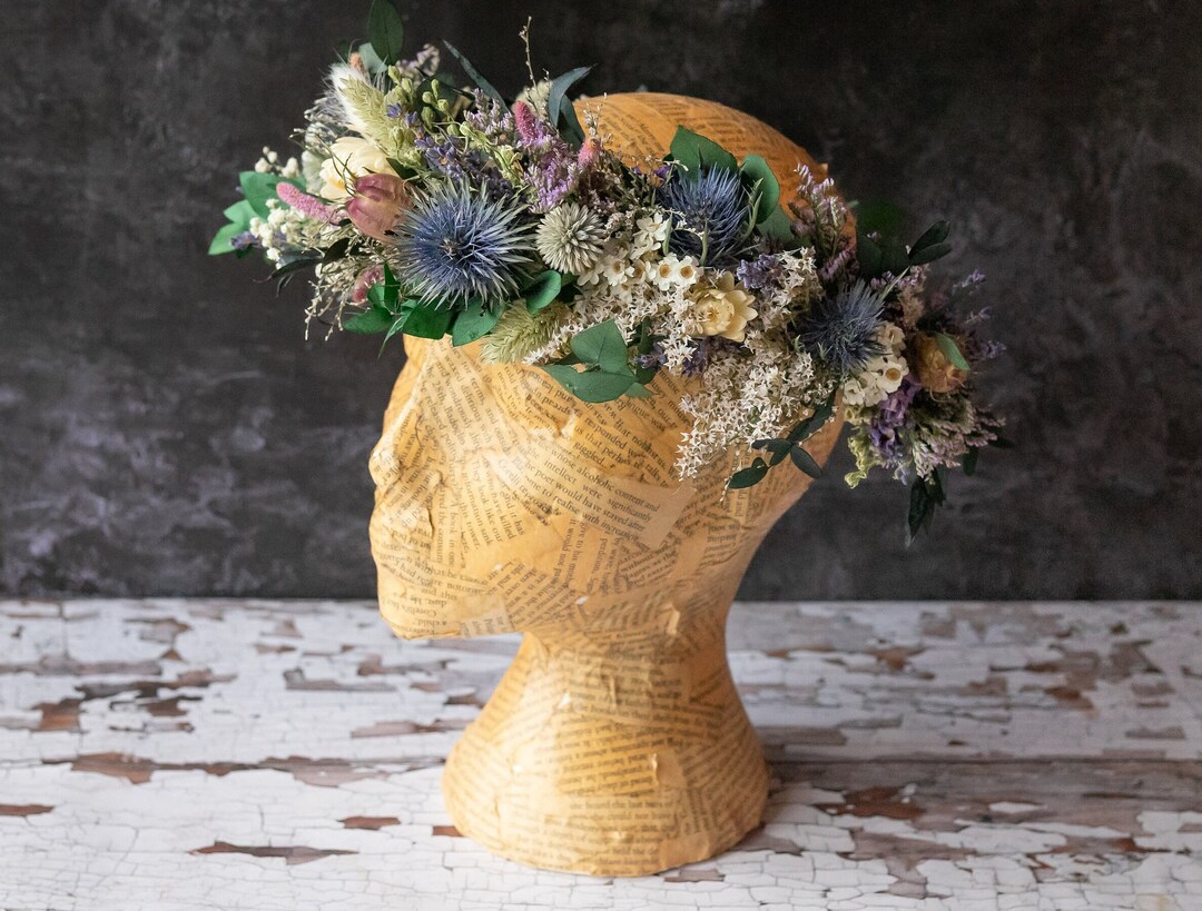 Dried Flower Crown in Vintage Blues, Thistle Statement Floral Garland ...