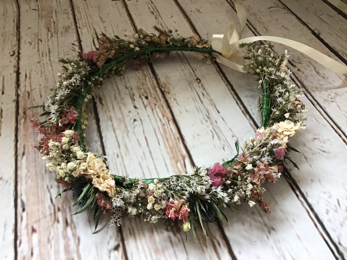 Dried Flower Crown in Pinks With Thistles. Wedding Hair Piece, Floral ...