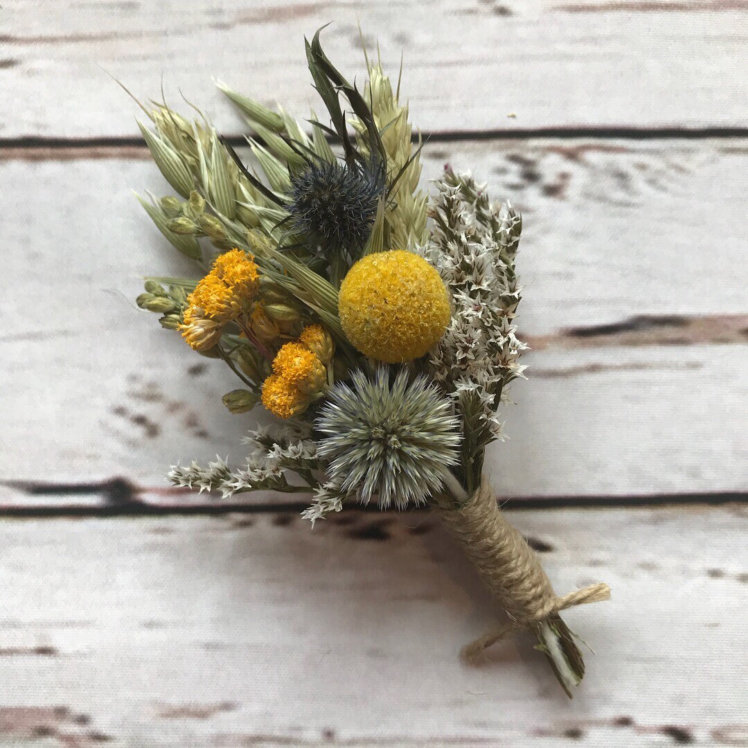 Dried Flower Buttonholes. Thistle and Yellow Design by Florence and ...