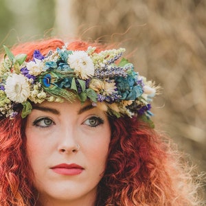 Dried Flower Crown in Vintage Blues, Thistle Statement Floral Garland ...