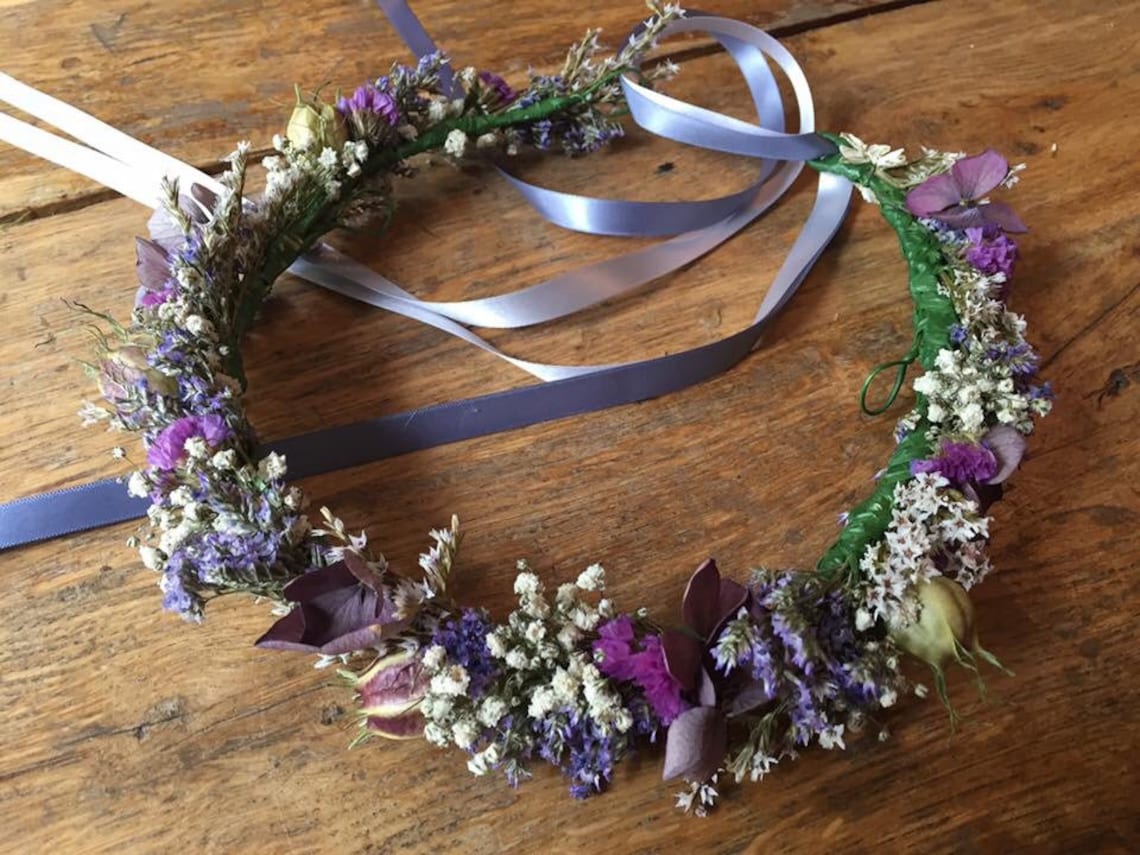 Dried Flower Crown purple thistle garland Wedding Hair | Etsy