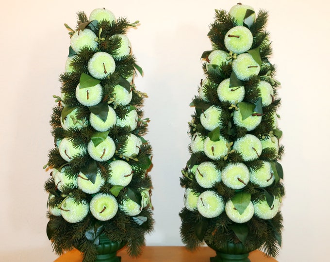 23in SUGARED GREEN APPLE Topiary Pair Set in Urns Centerpiece Faux ...