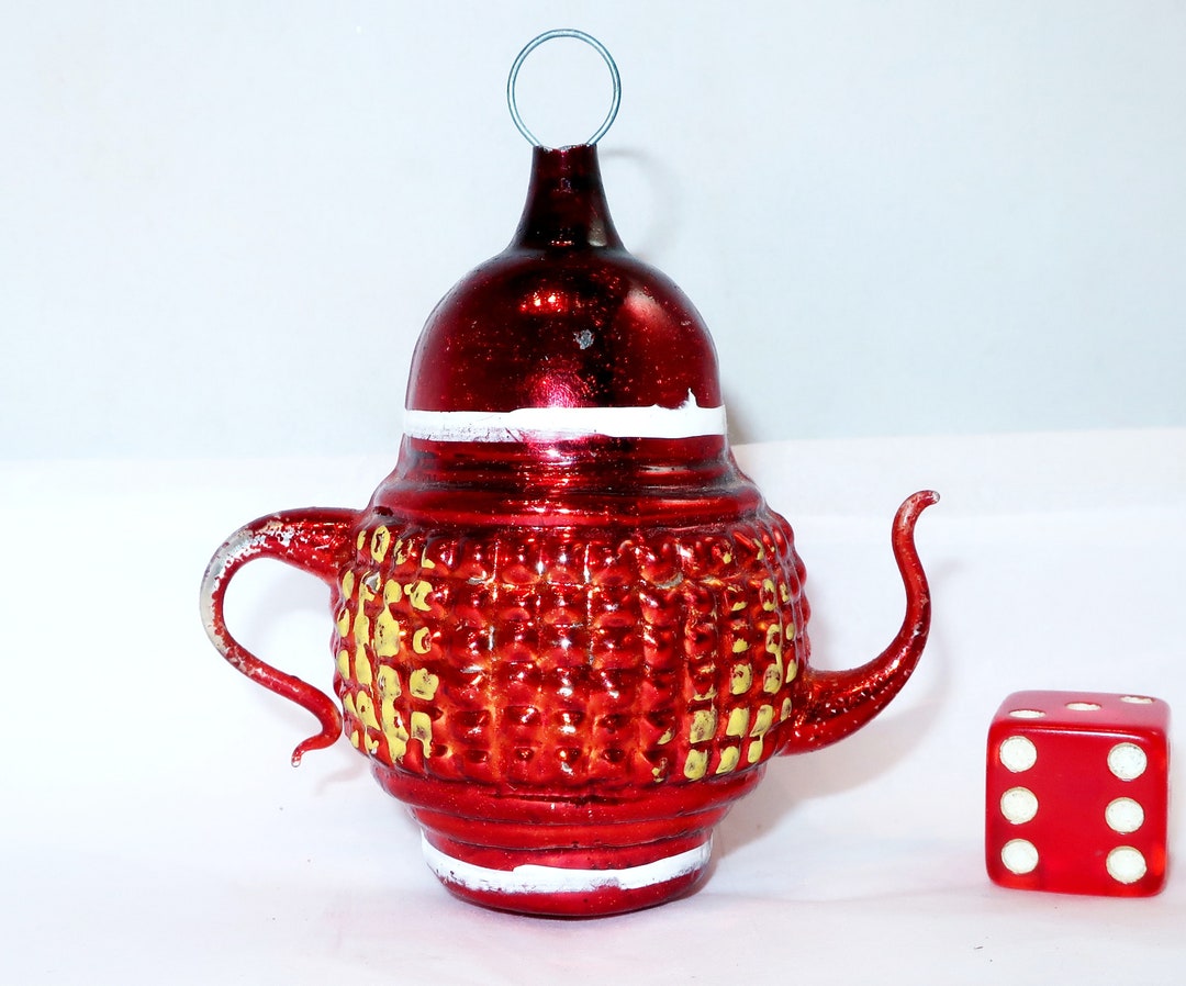 MERCURY GLASS TEAPOT Bumpy Vintage Christmas Ornament Red Yellow White ...