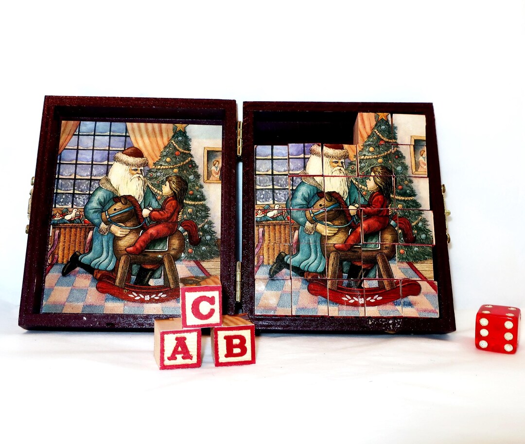 MINIATURE SANTA PUZZLE Wood Box Travel Case 30 Mini Alphabet Blocks St ...