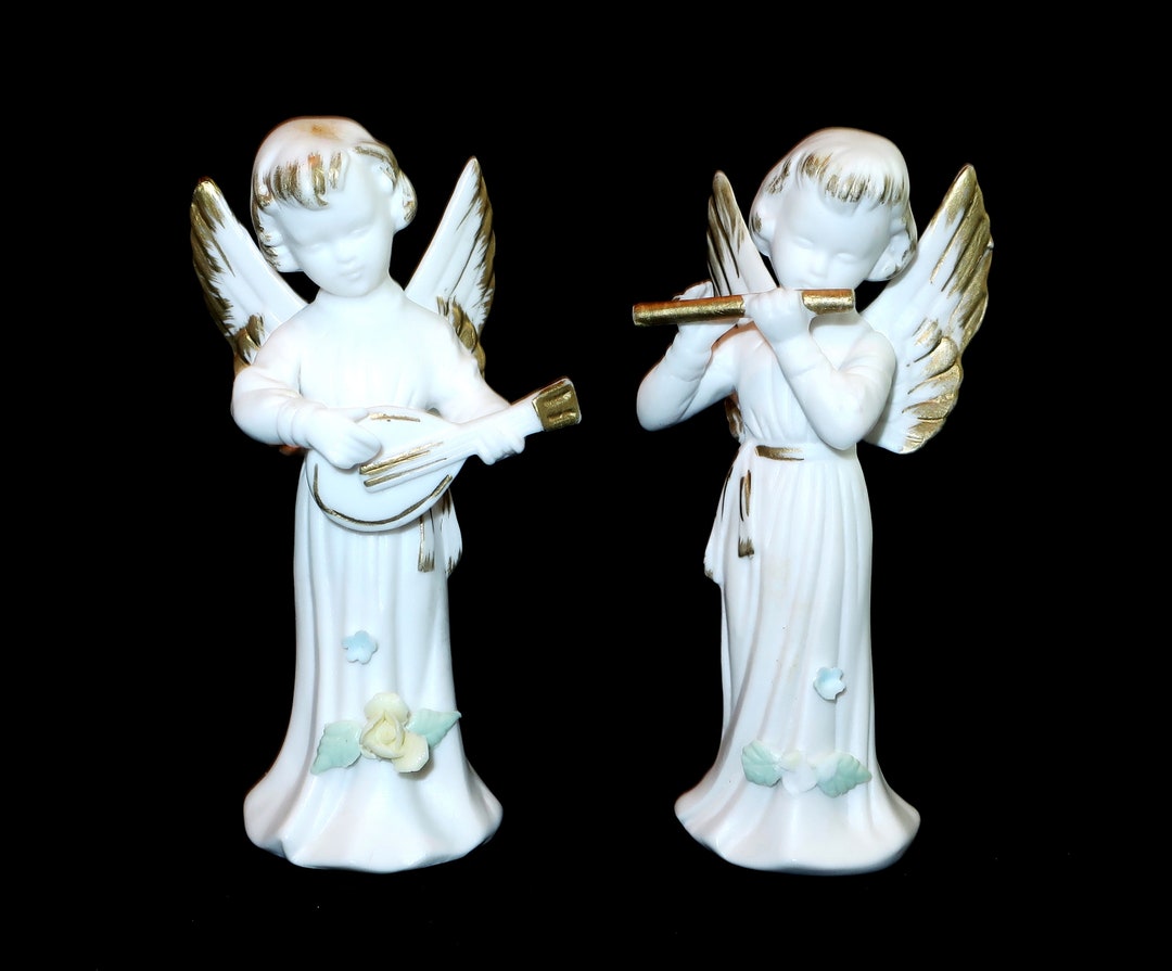 2 NAPCO MUSICIAN ANGELS Figurines Girls Playing Flute Mandolin C7146 ...
