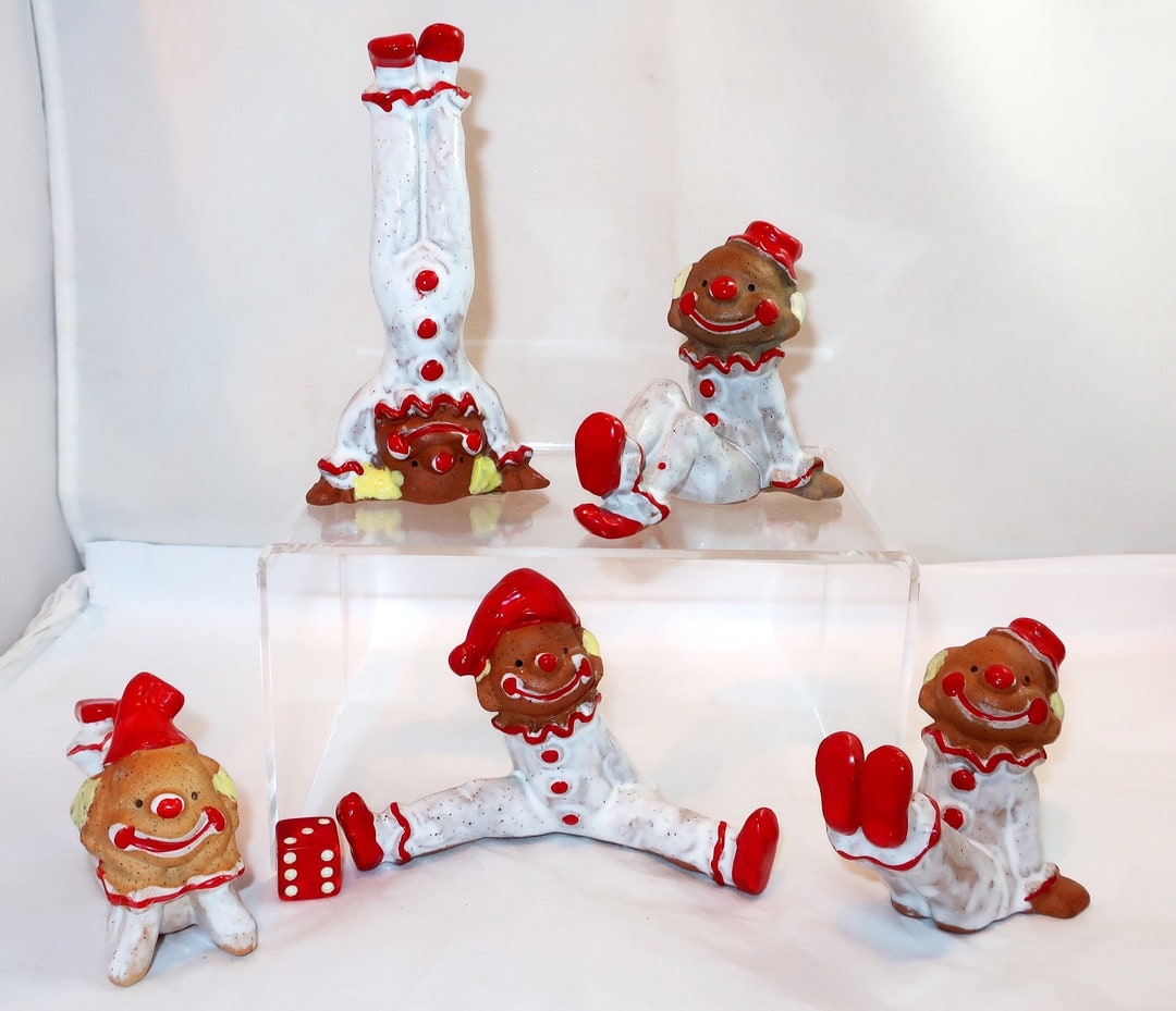 5 NAPCO TUMBLING CLOWNS Posing Happy Big Grin White Red Costume Vintage ...