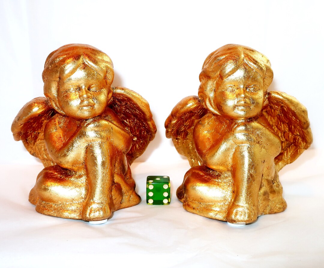 GOLD ANGEL FIGURINES Pair Set Vintage Gilt Cherub Cupid Christmas ...