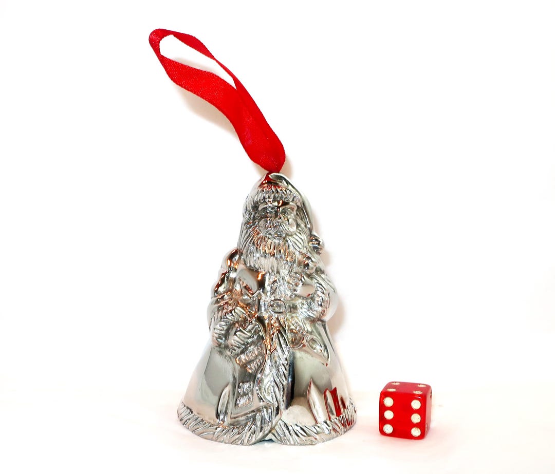 GODINGER SANTA BELL Ornament With Red Hanging Ribbon Detailed Silver ...