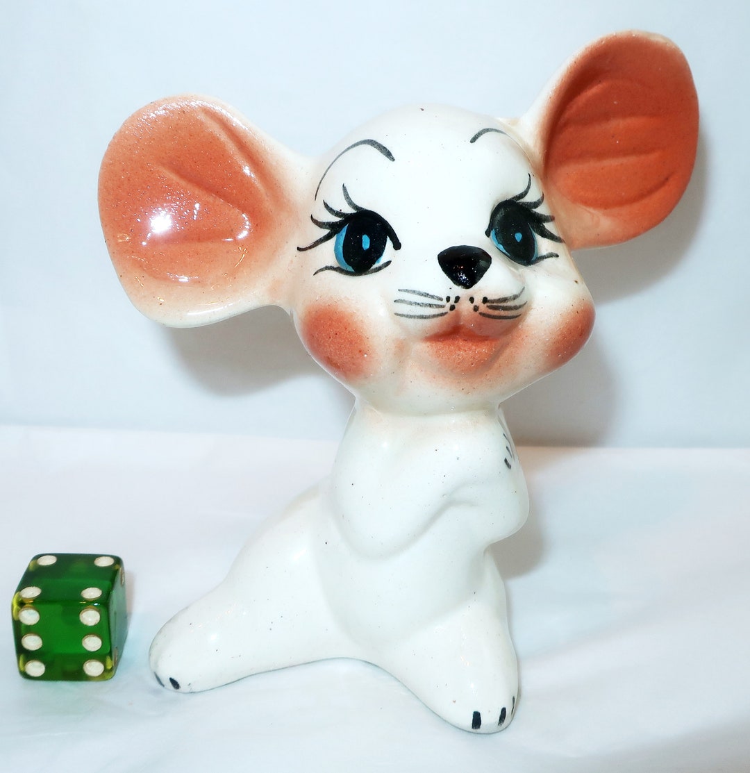 VINTAGE CERAMIC MOUSE Bone China Figurine Hand Painted Big Blue Eyed ...