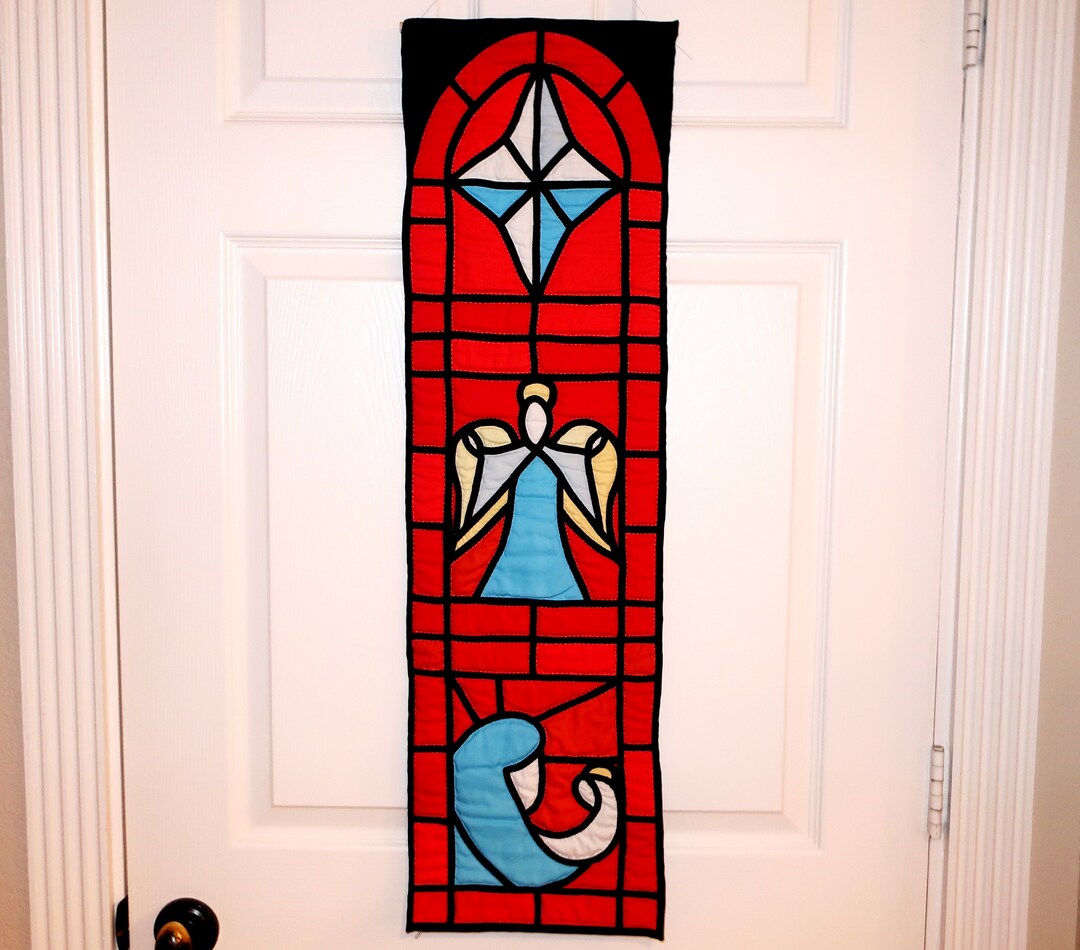 HAND QUILTED NATIVITY Vintage Banner Stained Glass Window Patchwork ...