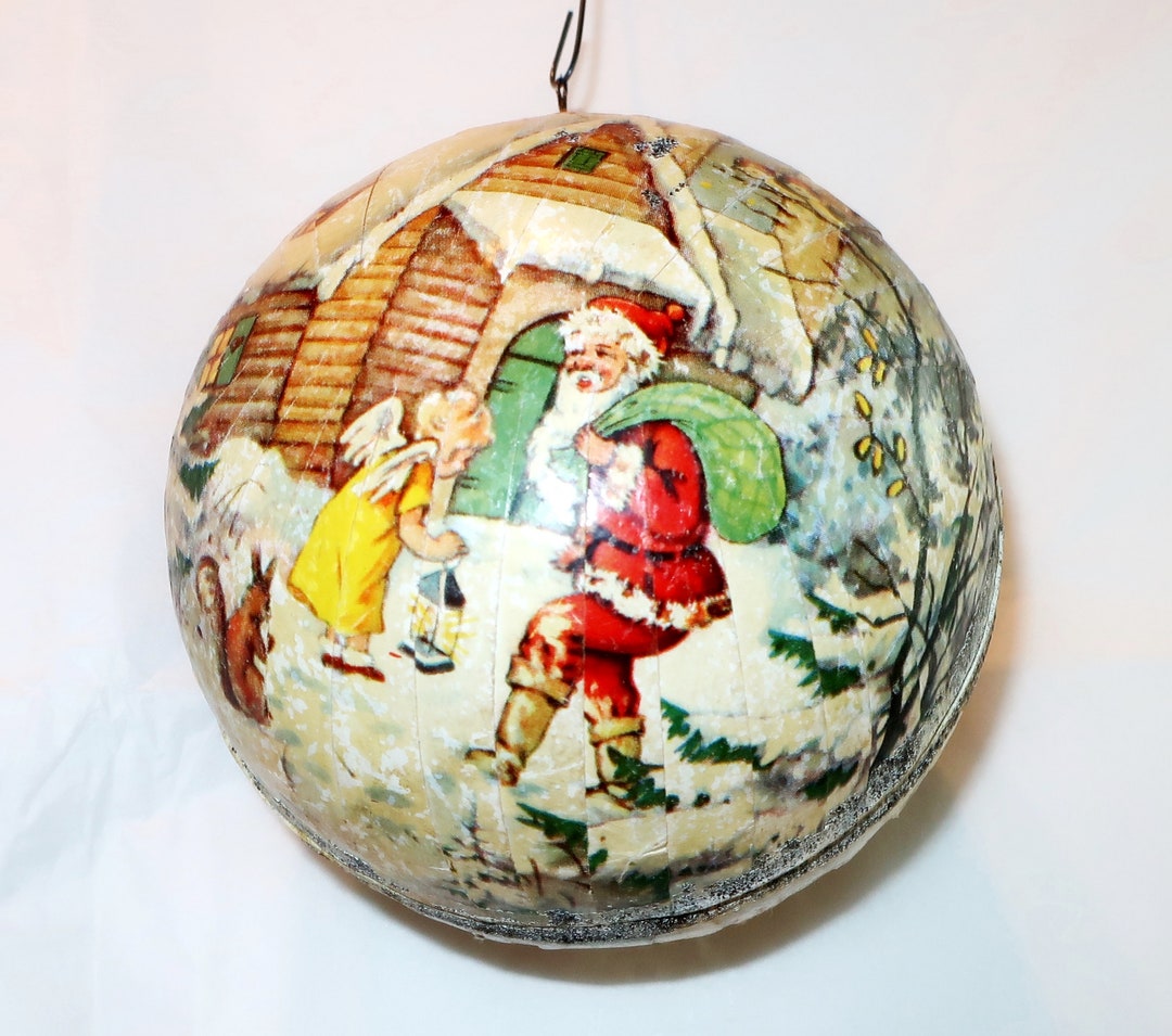 1950s PAPER MACHE CANDY Container Ball Christmas Ornament K Adler Santa ...