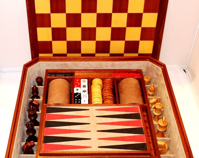 AGRESTI GAME CHEST Briarwood Burlwood and Suede Leather Chess ...
