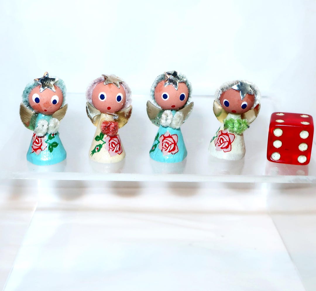 4 TINY WOOD ANGEL Set 1.25h Vintage Figurines Kitschy Christmas Micro ...