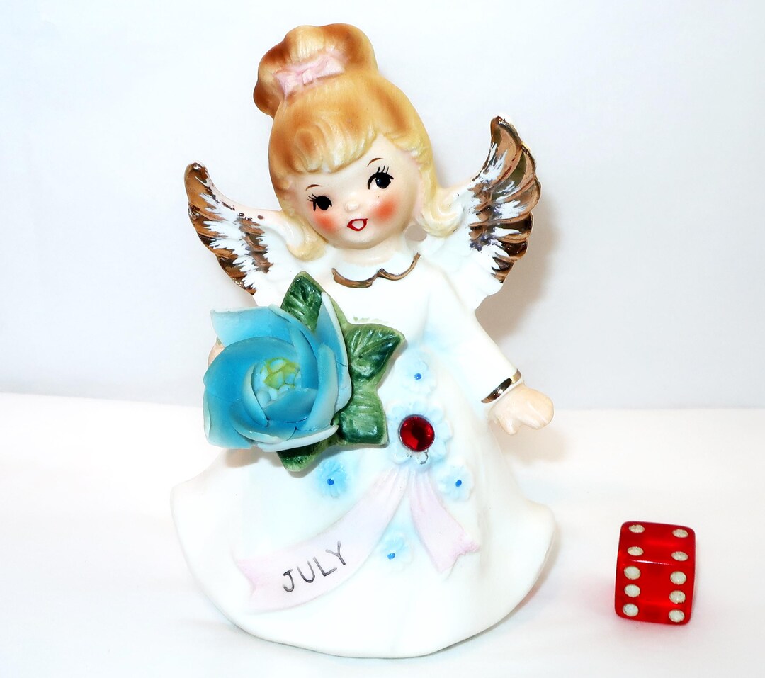 JULY BIRTHDAY ANGEL Lefton Girl Holding Blue Flower Ceramic Vintage ...