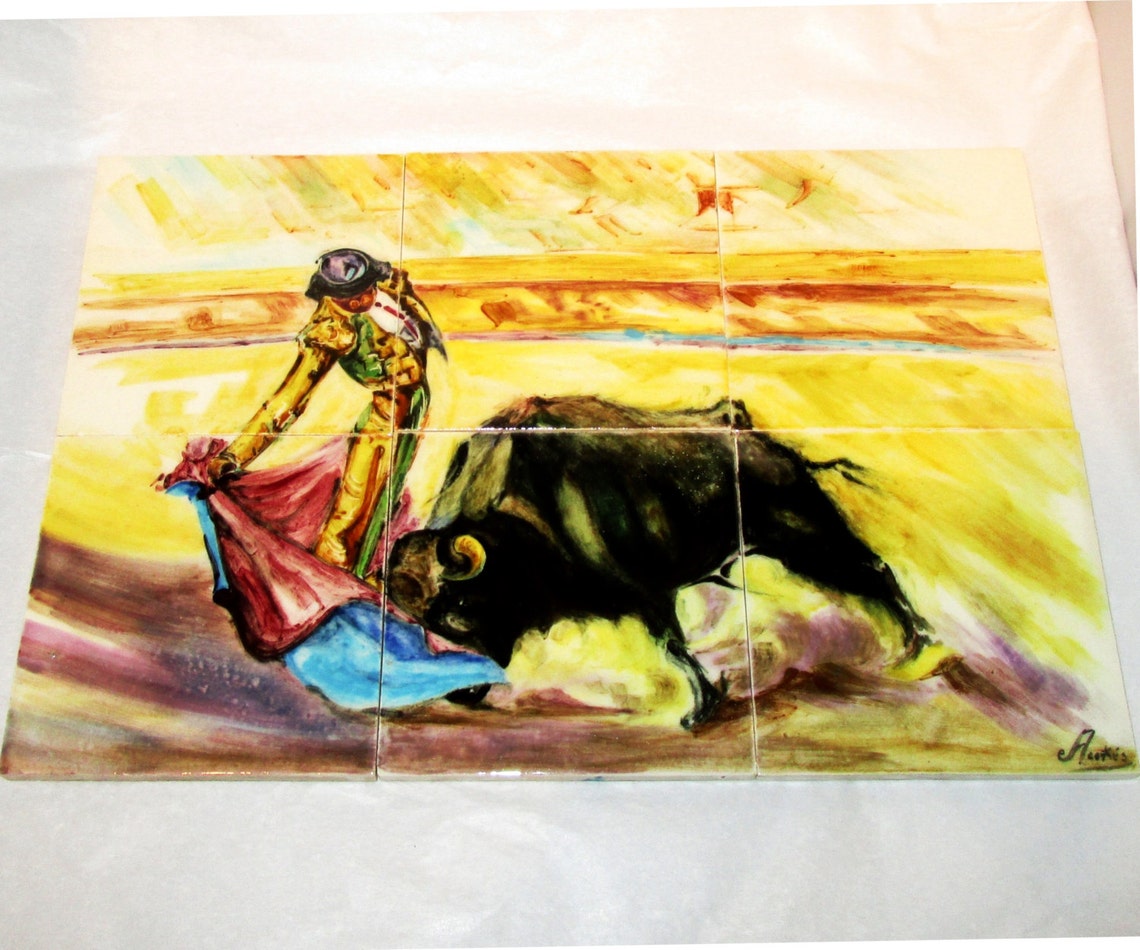 MEXICAN TILE BULLFIGHTER & Bull Art Scene 6 Hand Painted | Etsy