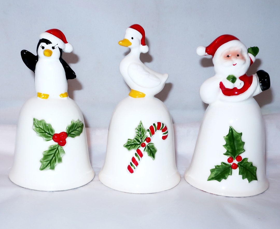 3 CHRISTMAS BELLS SET 4.5in Santa Claus, Goose & Penguin Handles Holly ...