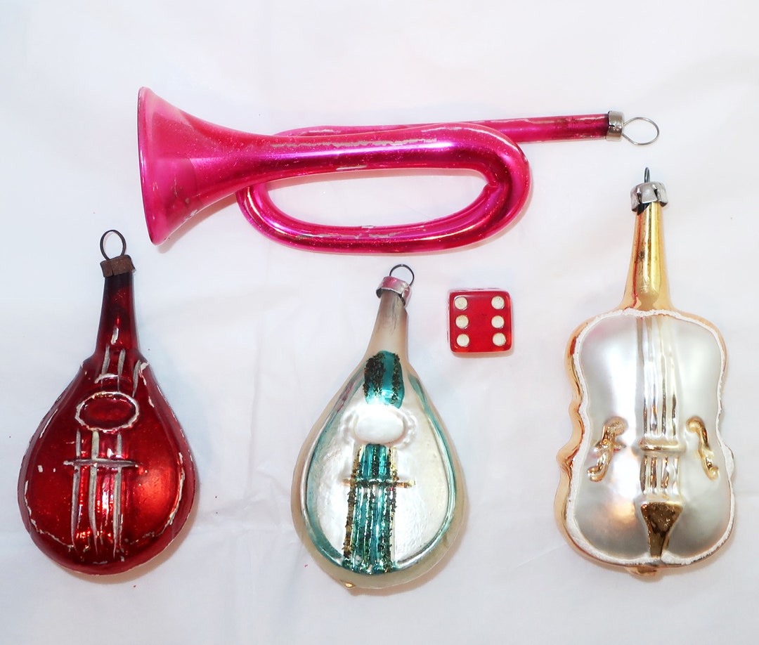 4 MERCURY GLASS MUSIC Instruments Vintage Christmas Ornaments Mouth ...