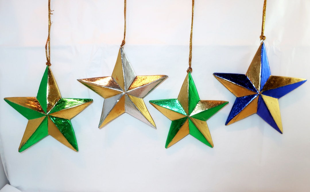 4 HAND PAINTED STARS 5 Point Star Wood Ornaments Set Pinwheel Vintage ...
